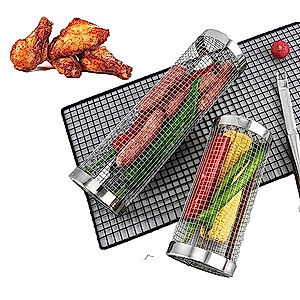Yunsuelo BBQ Net Tube - Rolling Grilling Basket, Greatest Grilling Basket Ever, Stainless Steel Wire Mesh Cylinder Grill Basket, Portable Outdoor Camping Non-Stick Barbecue (7.87in 2pack)