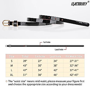 LEACOOLKEY Women Skinny Leather Belt for Dress Jeans Patent Leather Thin Waist Belt with Gold Buckle