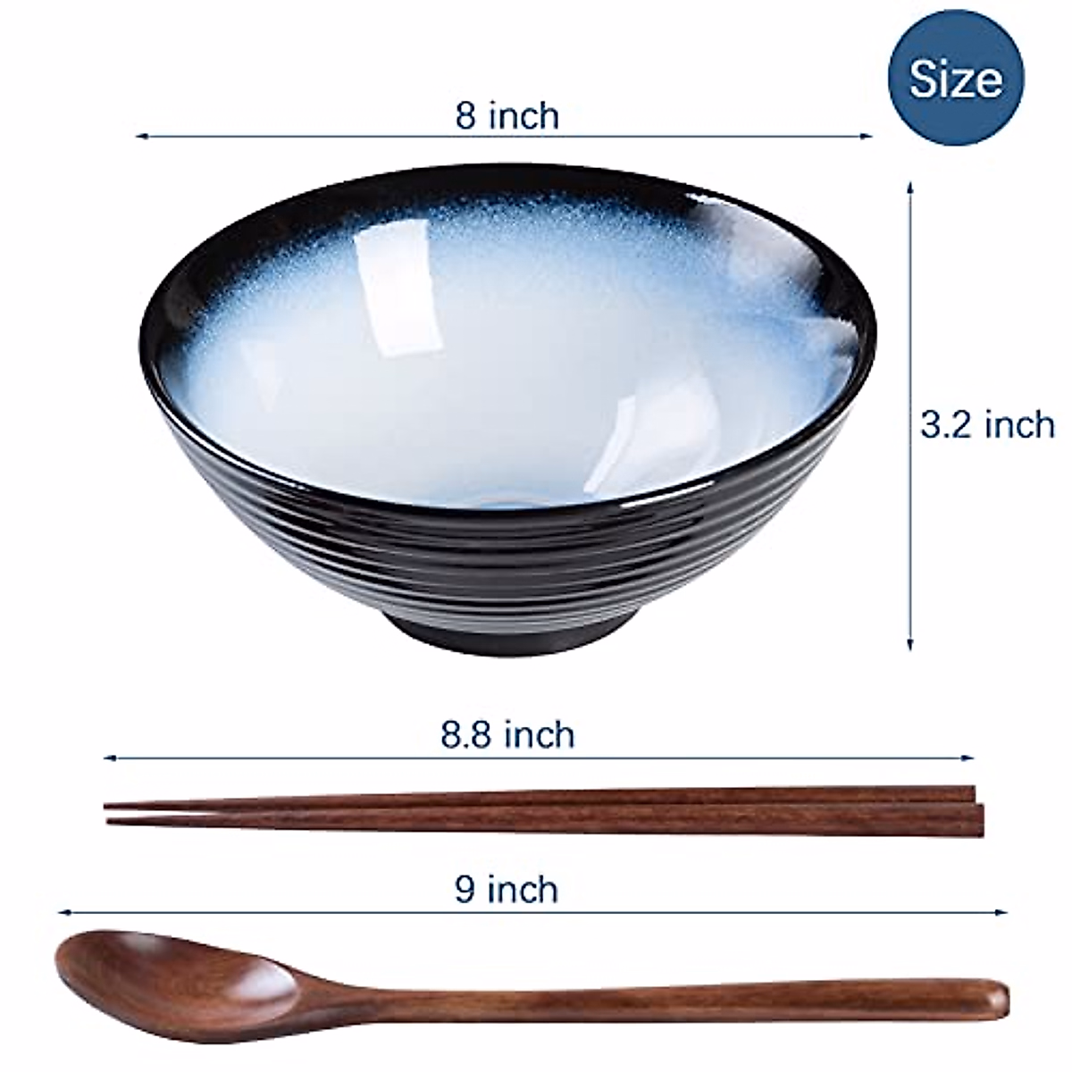 HOKELER Ceramic Japanese Ramen Bowl Set, 2 Sets 8 inch 40 Ounce Asian Pho Udon Noodle Bowls with Spoons and Chopsticks (Black/Blue)