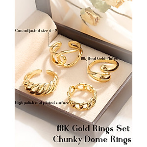 FAXHION 10PCS Gold Stackable Rings Set for Women, 18K Gold Plated Open Stacking Knuckle Ring, Adjustable Chunky Signet Band Ring for Gift