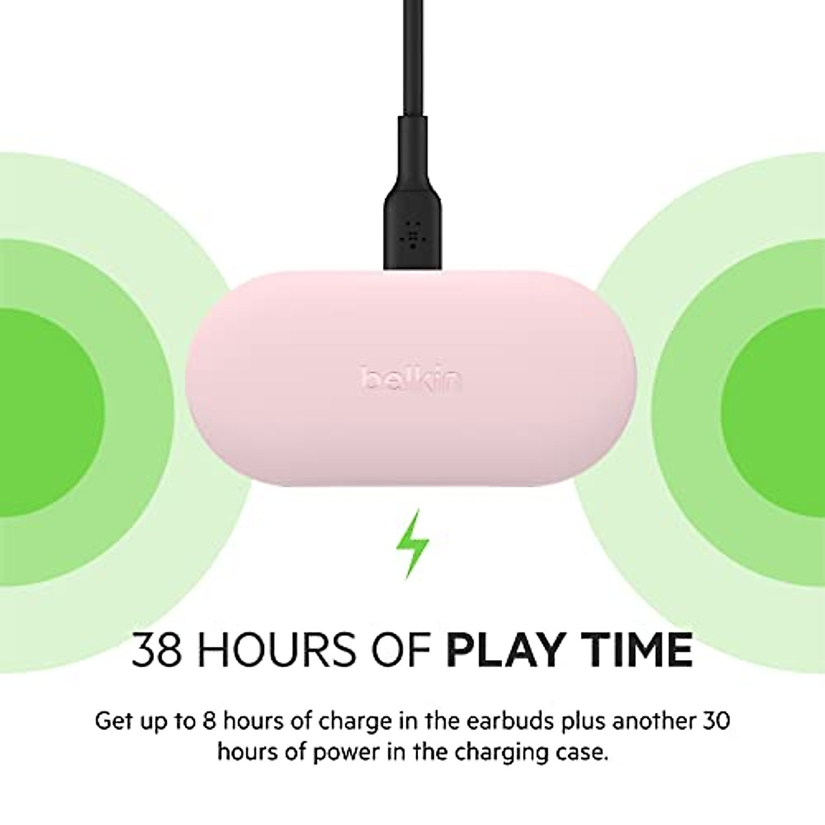 Belkin Wireless Earbuds, SoundForm Play True Wireless Earphones with USB-C Quick Charge, IPX5 Sweat and Water Resistant, 38 Hour Play Time, Compatible with iPhone, Galaxy, Pixel and More - Pink