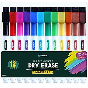 Dry Erase Markers, Fine Tip and Magnetic – Thin, Colored Whiteboard Markers for Fridge, School or Office - Low Odor and Fine Point, 12 Set Assorted Colors