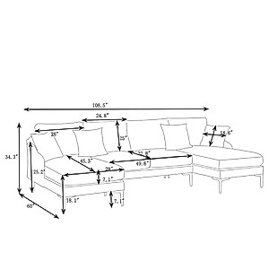 HANLIVES 108.5 Inch 4-Seat Sofa Couch,Modern Fabric U Shaped Living Room Furniture Set with 4 Throw Pillows,Upholstered 4 Seater Sectional Sleeper Sofa with Thicken Foam for Bedroom Office Apartment