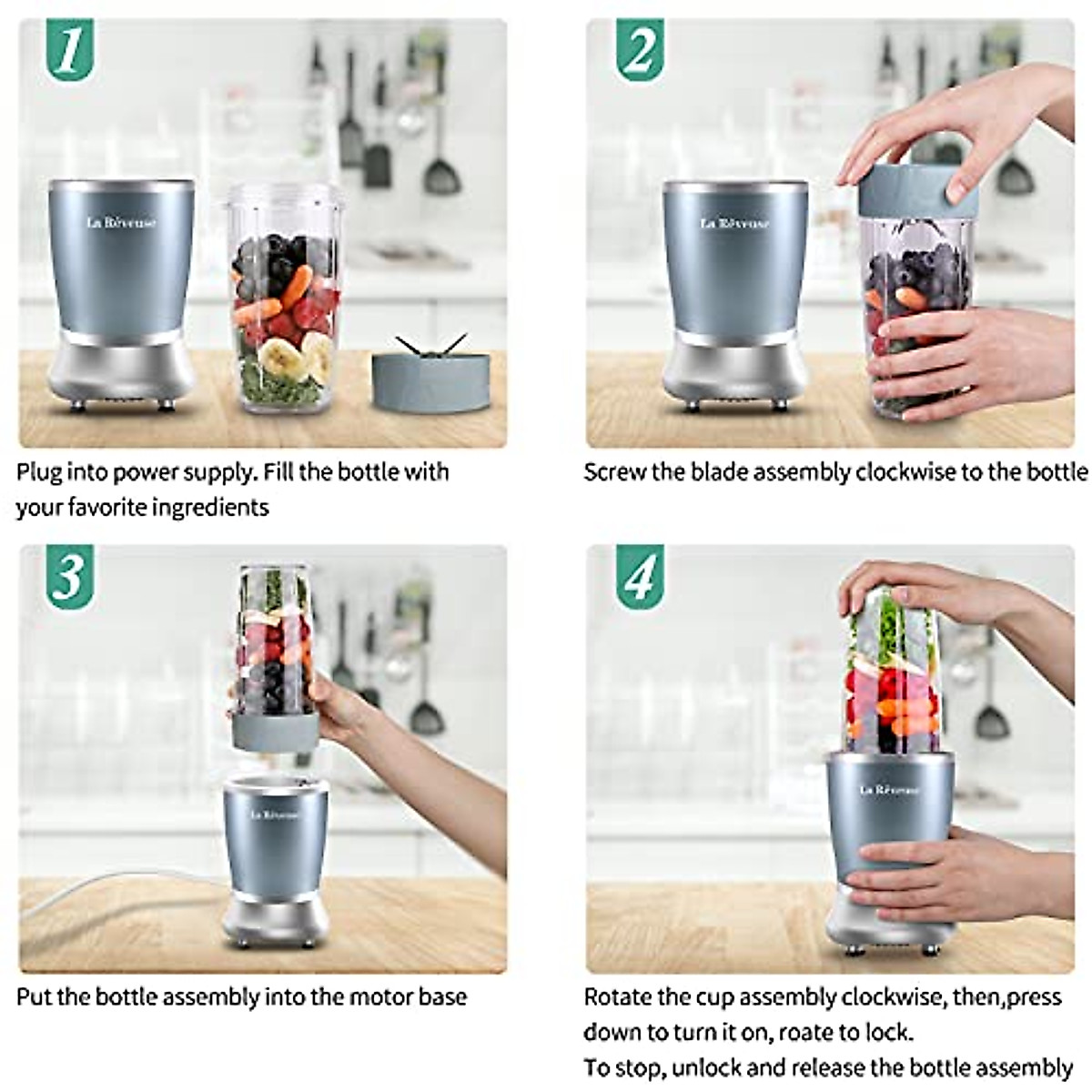 La Reveuse Personal Size Blender 250 Watts Power for Shakes Smoothies Seasonings Sauces with 1 Piece 15 oz Cup,1 Piece 10 oz Mug,BPA Free (Pearl Blue)