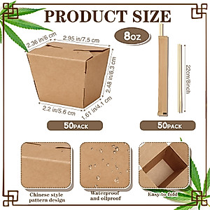 Fulmoon 50 Sets 8 oz Chinese Take Out Boxes with Disposable Chopsticks, Kraft Paper Disposable Food Containers with Chopsticks for Hot or Cold Food Takeout Restaurants Party