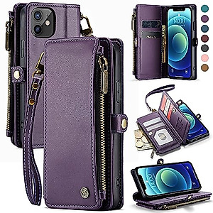 Defencase iPhone 12/12 Pro Case, RFID Blocking iPhone 12 Wallet Case for Women Men with Card Holder, Zipper Pocket Magnetic Flip PU Leather Strap Protective Cover for iPhone 12/Pro Phone Case, Purple