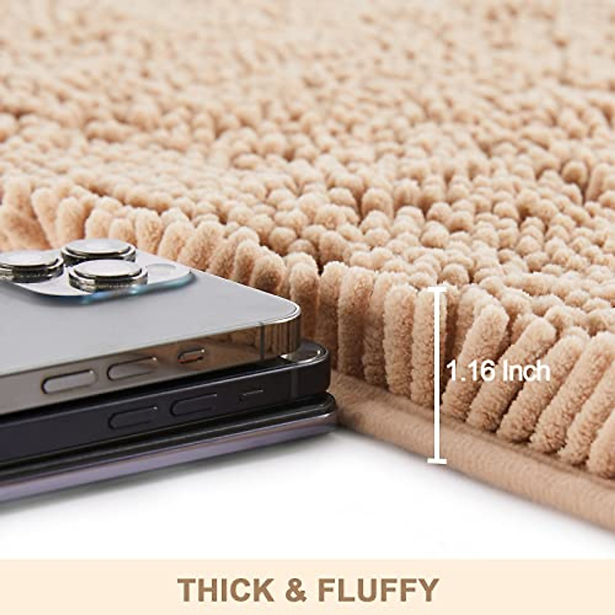 TECHMILLY Soft Fluffy Chenille Bathroom Rugs, Non Slip Absorbent Bath Mats for Bathroom, Washable and Quick Dry, Khaki, 17" x 24"