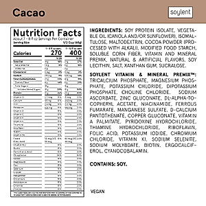 Soylent Complete Nutrition Meal Replacement Protein Powder, Cacao - Plant Based Vegan Protein, 39 Essential Nutrients - 36.8oz