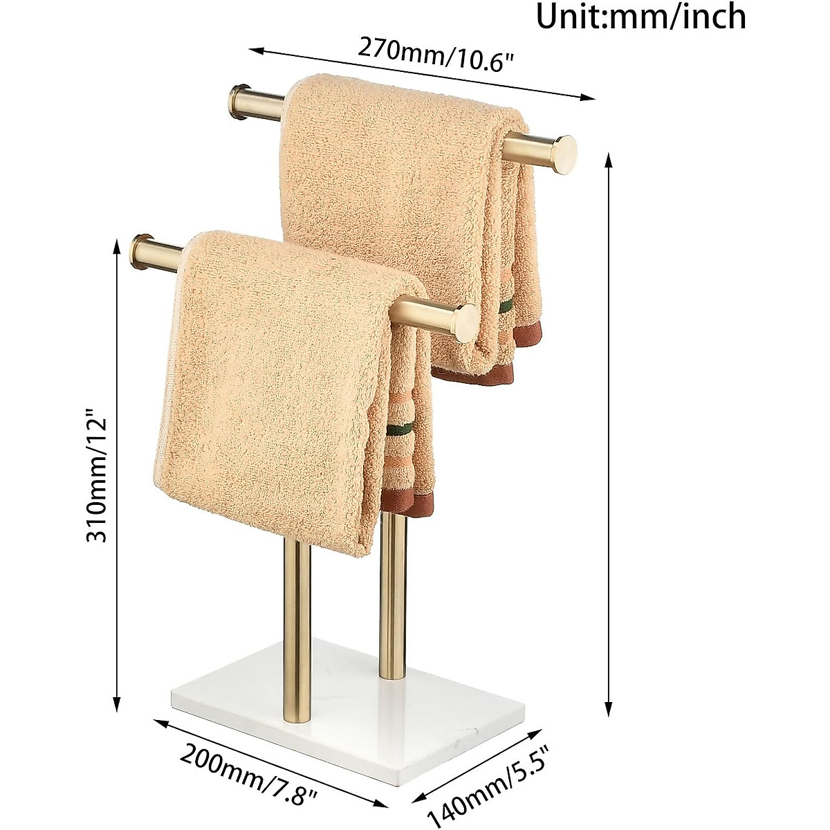 Gold Countertop Towel Rack T-Shape Towel Stand with Marble Base, Hand Towel Holder Stand for Bathroom, Kitchen,Beelee