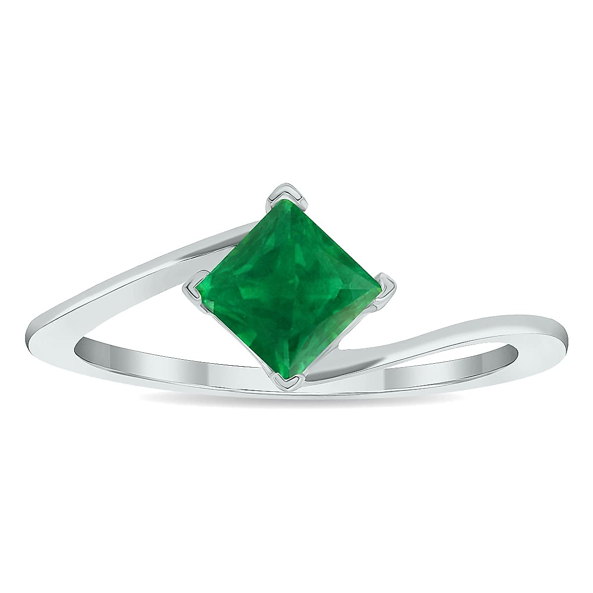 SZUL Women's Solitaire Emerald Wave Ring in 10K White Gold