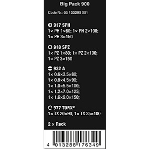 Wera 05133285001 Big Pack 900 Screwdriver Set Kraftform, Chiseldriver and Rack, 15 Pieces, Silver
