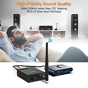 1Mii 2.4Ghz Wireless Audio Transmitter Receiver for TV, 320ft Long Range 20ms Low Delay 192kHz/24bit HiFi Audio, Wireless Adapter Kit for Subwoofer/Powered Speaker/Stereo/Soundbar, RCA(3.5mm)Out/input