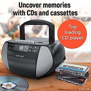 Craig Portable Top-Loading CD Boombox with AM/FM Stereo Radio and Cassette Player/Recorder in Black | Cassette Player/Recorder | LED Display (Black/Gray)