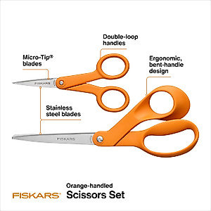 Fiskars 67517197J Original Orange-Handled Scissors 8 Inch and 5 Inch, 2-Piece Set, Orange