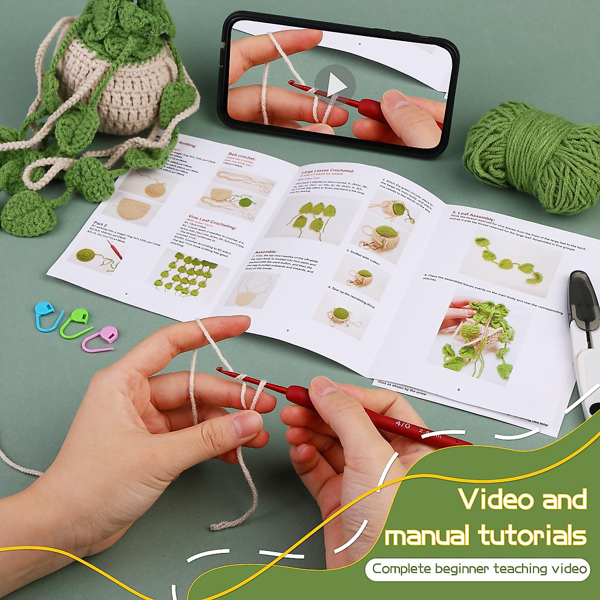 kdafio Crochet Kit for Beginners, Hanging Potted Plants Crochet Starter Kit with Step-by-Step Instructions and Video Tutorials Complete Crochet Kit for Beginners Decoration (Green Apple Plants)