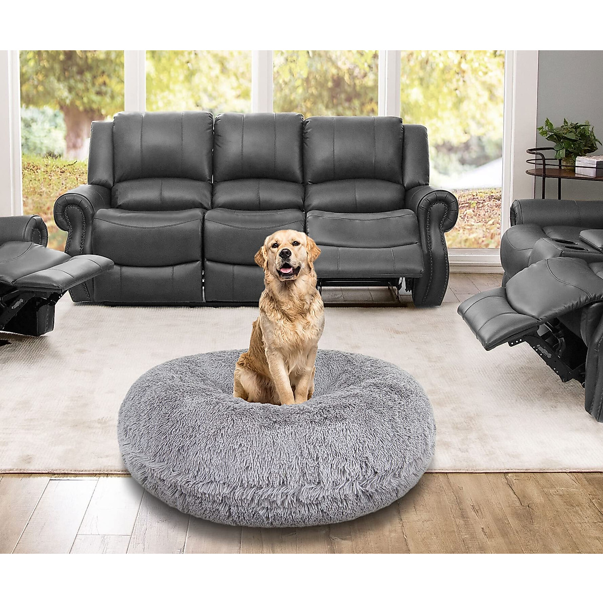 Bessie + Barnie Bagel Dog Bed - Extra Plush Faux Fur Dog Bean Bed - Circle Dog Bed - Waterproof Lining and Removable Washable Cover - Calming Dog Bed, Grey Seal, L - 42" (Bagel-GYSL-LG)
