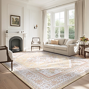 BESTSWEETIE Area Rug 8x10 for Living Room, Washable Rug 8x10, Non Slip Water Repellent Floor Carpet, Low Pile Soft Vintage Rug for Bedroom Dining Room Indoor-Cream/Light Yellow/Brown/Blue/Pink