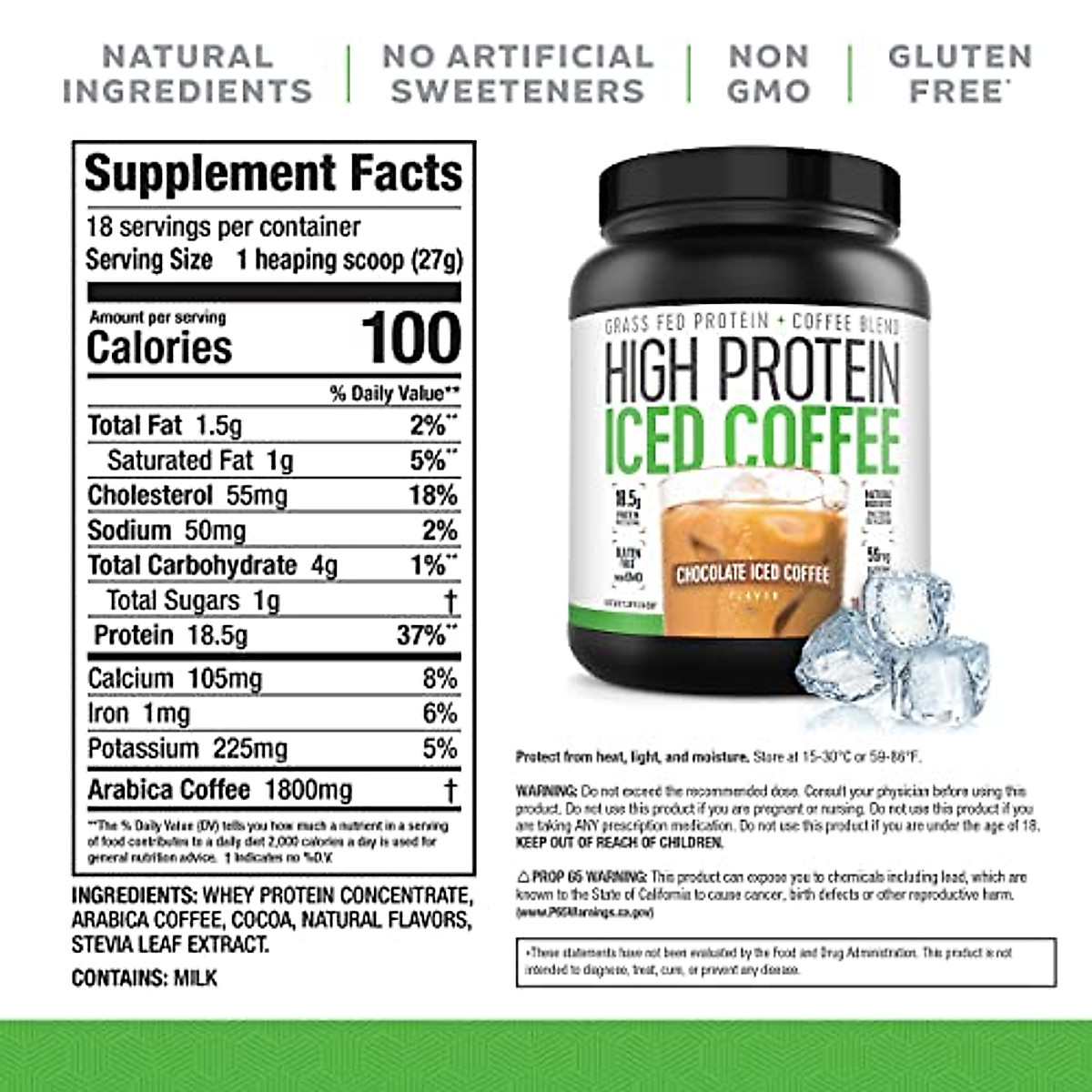 High Protein Coffee, Keto Friendly, 18g of Protein, 2g Carbs, Natural Ingredients (18 Servings, Chocolate Iced Coffee)