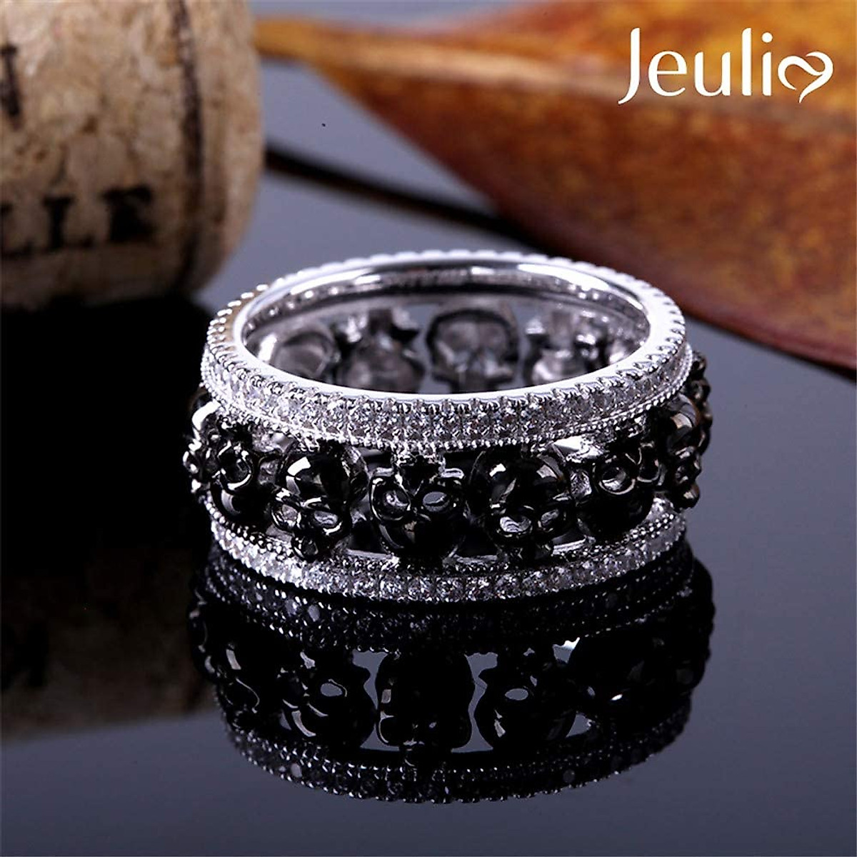 Jeulia Black Skull Rings for Women Mens Sterling Silver Biker Band Style Rings Two Tone Plated Stackable Wedding Bands White Diamond Bridal Set Engagement Anniversary Promise rings for Her (7.5)