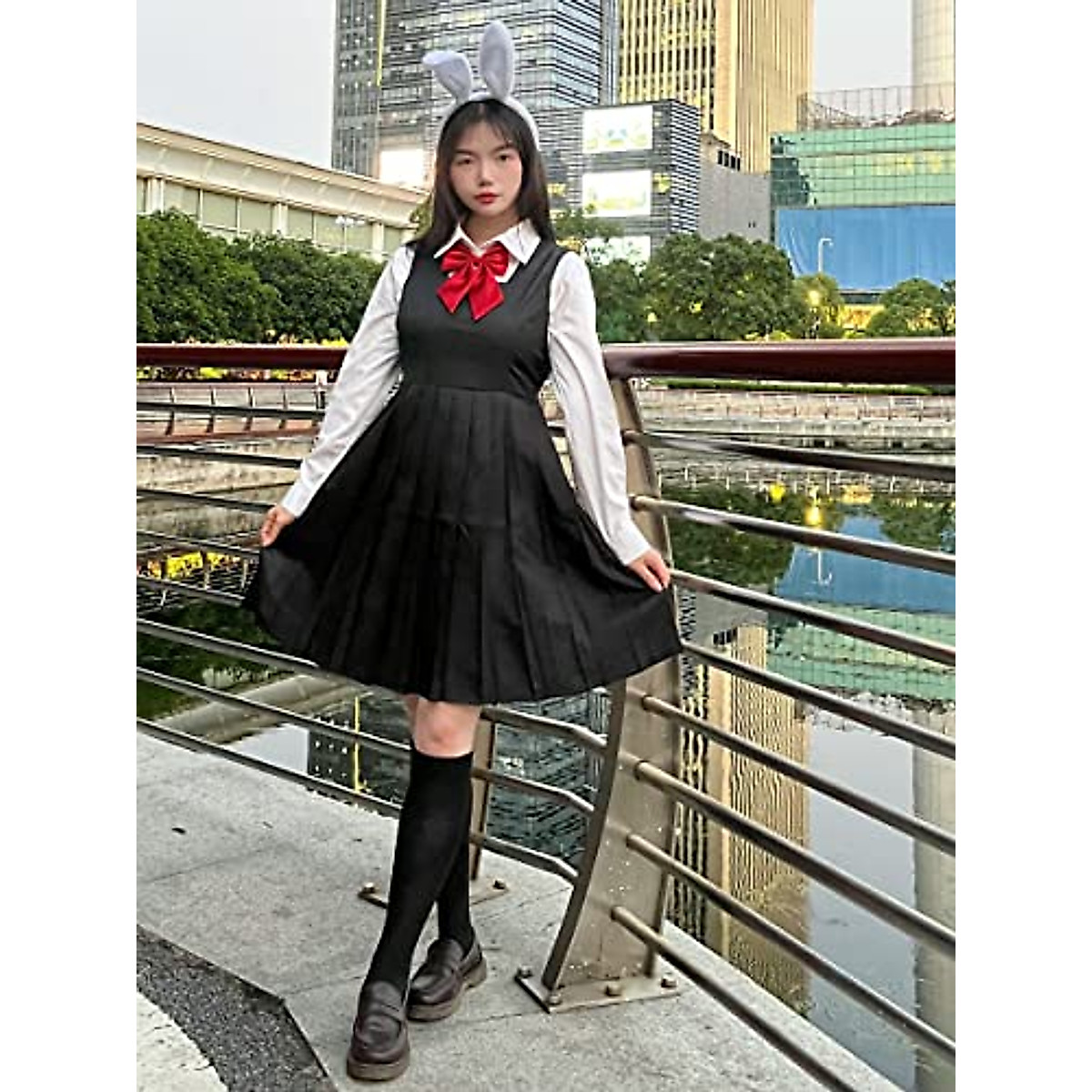 Classic Japanese School Girls Sailor Suit Dress Shirt Skirt JK Kawaii Anime Bunny Ears Cosplay Costumes Socks Bow Set Black XL