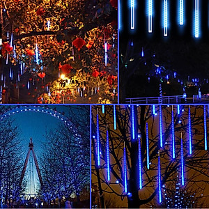 Christmas Decorations, Outdoor Solar Christmas Lights, 12 inch 8 Tube 144 LED IP65 Waterproof Falling Meteor Shower Rain Lights for Holiday Xmas Wedding Party Garden Home Patio Yard Tree Decor (Blue)