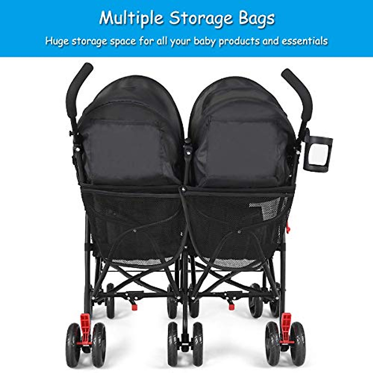 HONEY JOY Double Stroller, Compact Lightweight Stroller Side by Side, Adjustable Canopy, Cup Holder & Storage Bag, Travel Stroller for Airplane, Foldable Twin Umbrella Stroller for Infant and Toddler