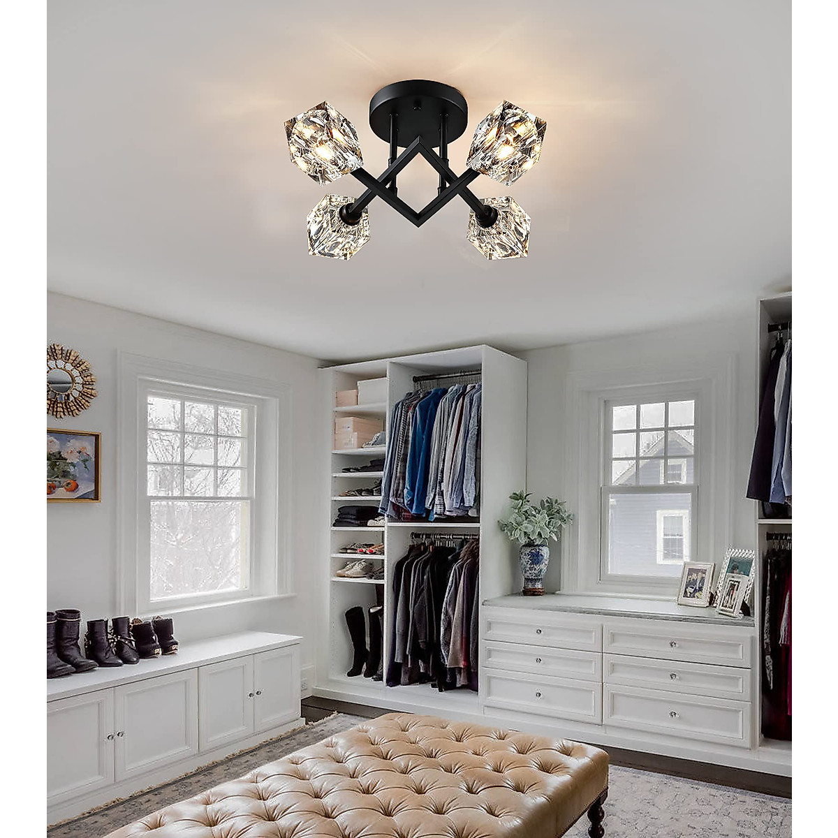 AMZASA Modern Semi Flush Mount Ceiling Light, Black Dining Room Light Fixtures,4-Lights Geometric Crystal Chandelier for Bedroom Entryway Hallway Porch Laundry Room