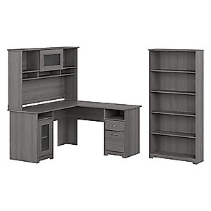 Bush Furniture Cabot L Desk with Hutch and 5 Shelf Bookcase, 60W, Modern Gray