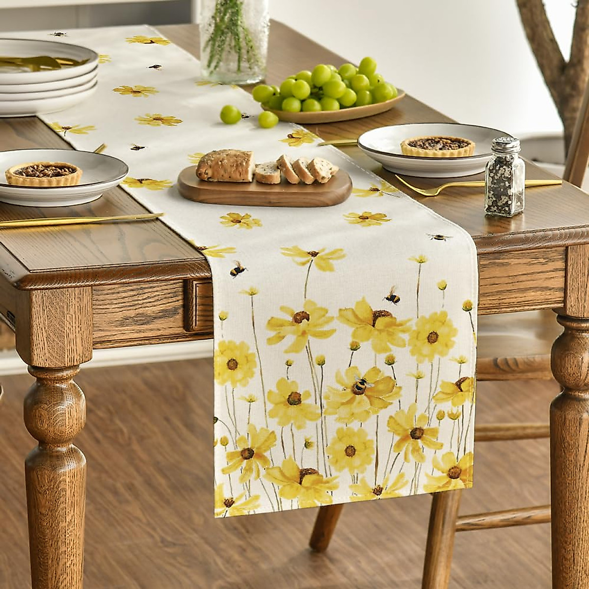 Artoid Mode Yellow Flowers Daisy Bees Summer Table Runner, Seasonal Easter Fall Holiday Kitchen Dining Table Decoration for Home Party Indoor 13x72 Inch