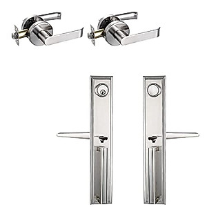 NEWBANG Satin Nickel Door Handle, 2 Pack Lever Front Lock Set2011-SN-SET and HTL02-SN-PS Handleset with Lockset (Double Handleset, 1 + Lever, Nickel)