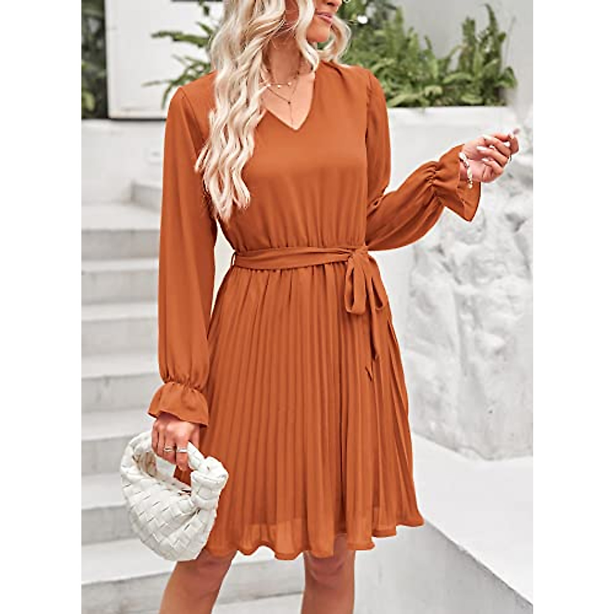 PRETTYGARDEN Women's Casual Spring Fall Dresses Long Puff Sleeve V Neck Pleated Ruffle Flowy Belted Dress (Brick Red,Medium)