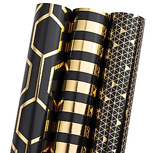 Homeral Wrapping Paper Roll Set-42.5sqft-Gold Foil Stripe, Geometric Patterns on Black Luxury Gift Wrap for Wedding, Bridal Shower, Birthday-17 x 120 inch Per Roll
