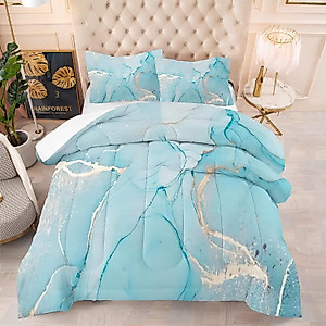 EDUMEYA Aqua Blue Marble Bedding Set Twin Size for Girls Teens Adult Gold Glitter Abstract Marbling Comforter Quilt Duvet 1 Comforter 1Pillowcase