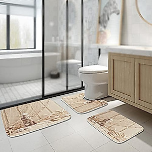 Beige Bathroom Rugs and Modern Fishing Net Seashell Lighthouse Mats Sets 3 Piece, Velvet Memory Foam Marine Beach Theme Bath Mat, Large Small and U-Shaped Contour Shower Mat Non-Slip Washable