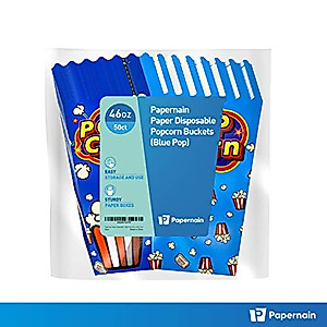 [46 oz, 50-Count, Blue Pop] Papernain Paper Popcorn Boxes, Disposable Buckets