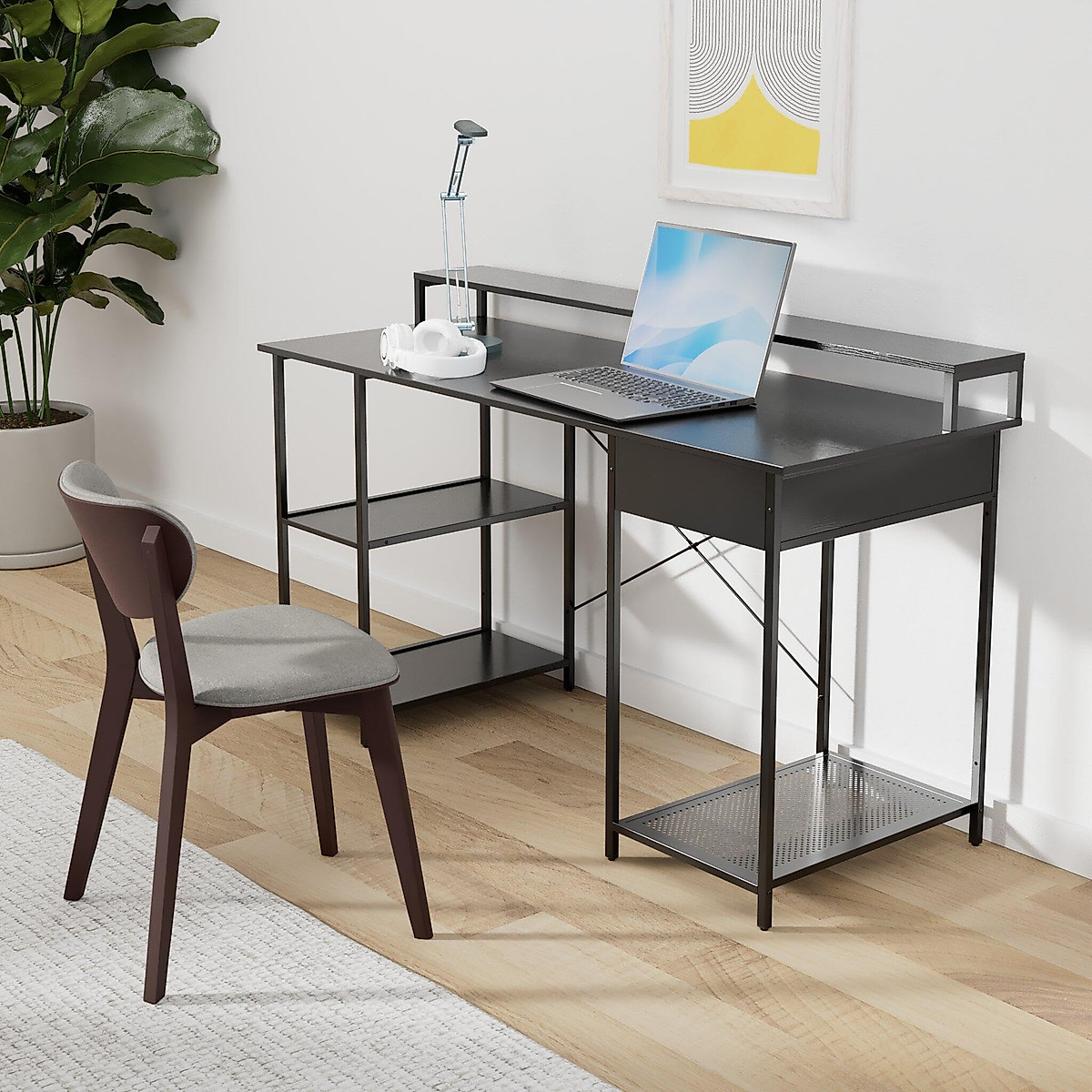 OUTFINE Desk Computer Desk Office Desk with Wodden Drawer, Monitor Stand and Storage Shelves