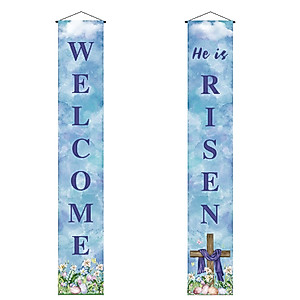 Pudodo He is Risen Porch Banner Easter Christian Cross Resurrection Religious Holiday Front Door Sign Wall Hanging Party Decoration