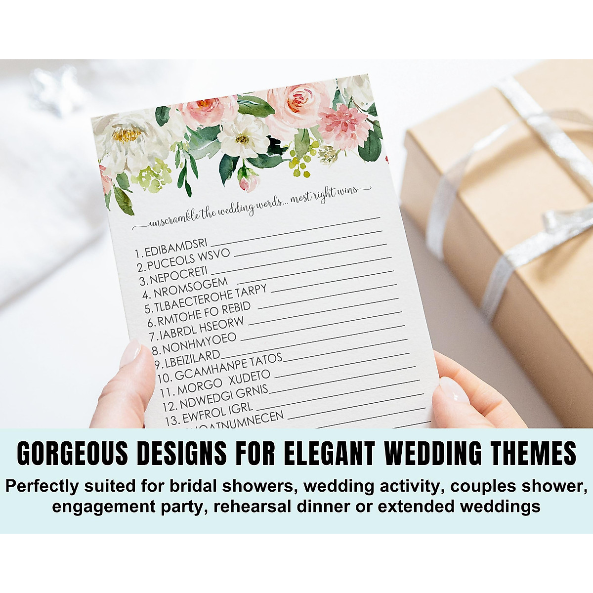 Graceful Floral Bridal Shower Word Scramble Game – 25 Pack, Couples Wedding Engagement Party Games, Rustic Reception Decor and Pink Ideas, Fun Rehearsal Unscramble Guest Activities
