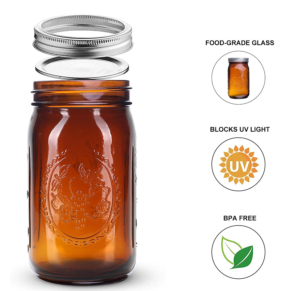 eleganttime Amber Glass Mason Jars 32 oz Wide Mouth 6 Pack,Amber Quart Canning Jars with Airtight Lids and Bands for for Canning, Freezing, Fermenting,Preserving, Beverages & Jar Decor