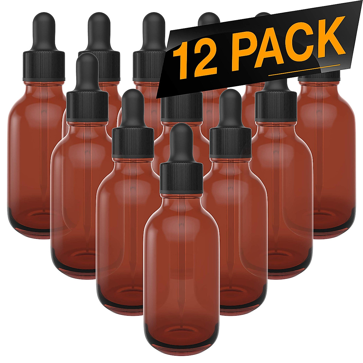 Nylea 12 Pack Essential Oil Dropper Bottles - Round Boston Empty Refillable Amber Bottle with Glass Dropper for Liquid Aromatherapy Fragrance Lot - (2 oz) 60ml
