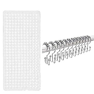 Gorilla Grip Bathtub Mat and Shower Curtain Hooks, 12 Pack, Bath Mat is 35x16 Size in Clear Color, Shower Hooks are in Polished Chrome Color, Rust Resistant, 2 Item Bundle