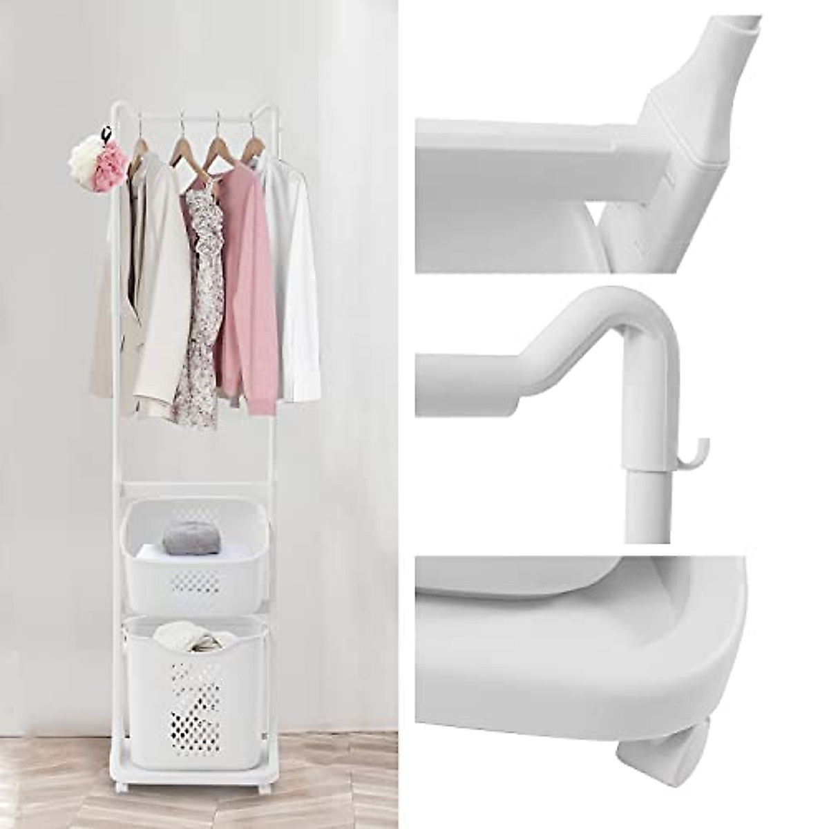 Laundry Cart with Wheels and Hanging Rack Rolling Laundry Basket with Clothes Rack Laundry Butler with Wire Storage Rack Coat Rack for Bedroom Hallway Laundry
