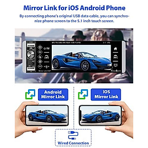 Single Din Car Stereo Compatible with Apple Carplay & Android Auto, Hikity 5.1 Inch Touchscreen Car Stereo Blueooth, Mirror Link, FM, Siri, SWC, USB/AUX/TF Input, Mic, Backup Camera