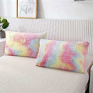 RYNGHIPY 3Pcs Rainbow Girls Bedding Sets Twin Size Ultra Soft Long Hair Plush Shaggy Duvet Cover with Pillowcases Colorful Tie Dye Bedding Set with Hidden Zipper Closure (Colorful Pink,Twin)