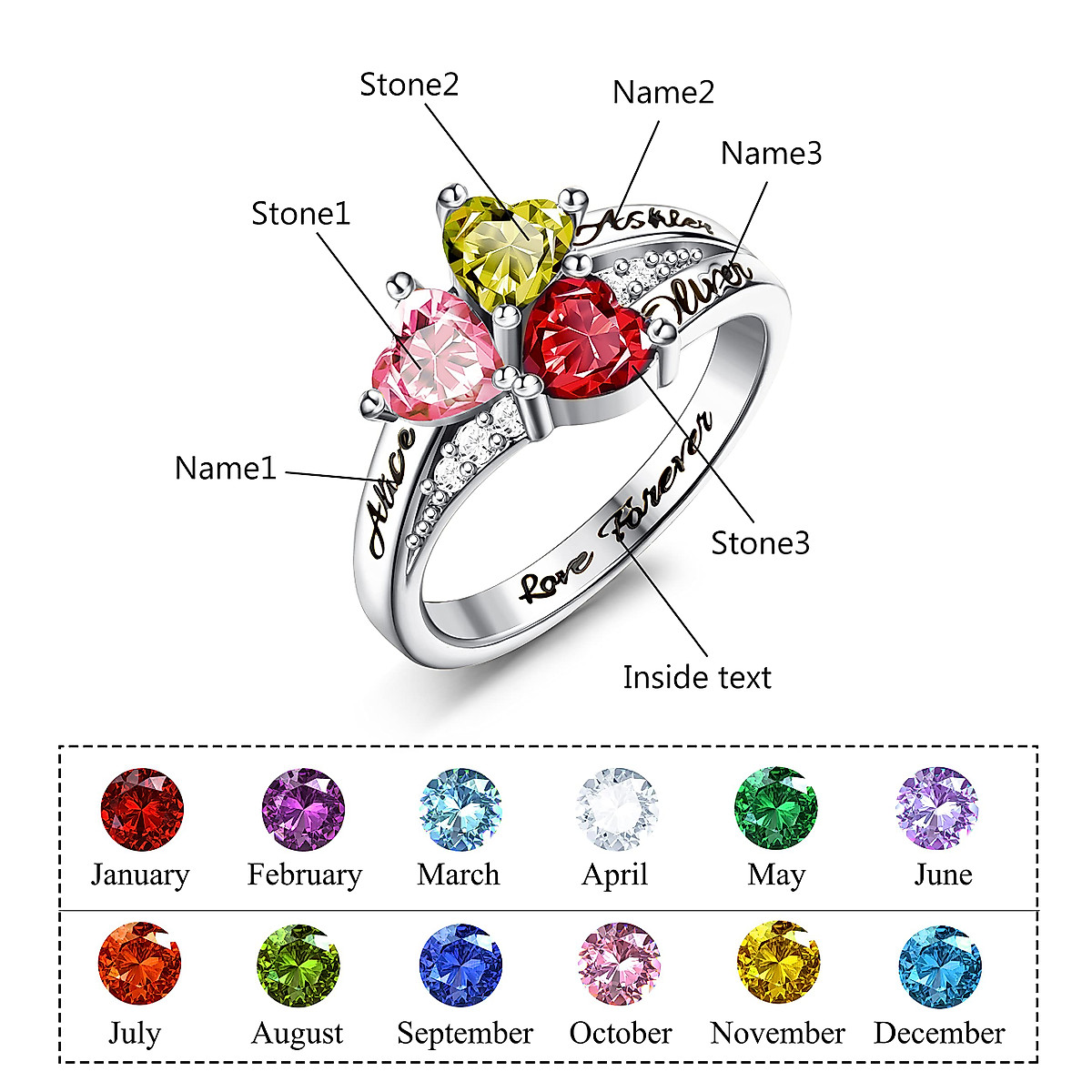 Jewenova S925 Sterling Silver 3 Birthstones Ring with Name Custom Mom Ring with Birthstone Personalized Gift for Mother Grandmother