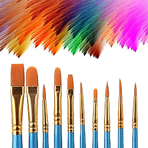 Elisel Paint Brush Set, 10 pcs Nylon Hair Art Paint Brushes for Acrylic Painting for Acrylic Oil Watercolor, Face Nail Art, Miniature Detailing and Rock Painting (Blue)