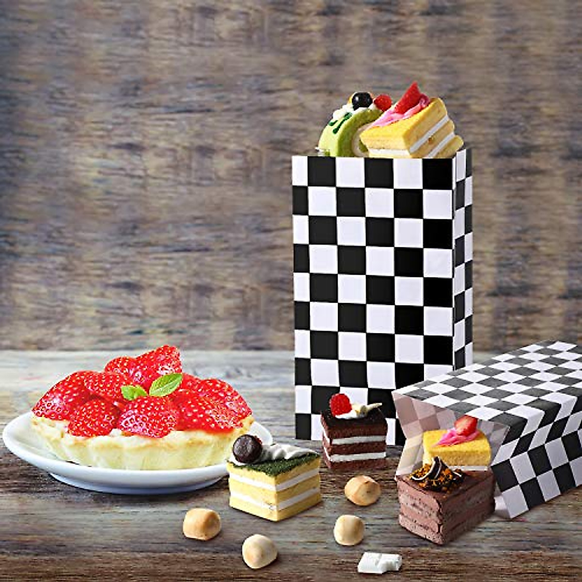 28 Pack Checkered Racing Treat Bags, Black and White Race Car Favor Bags, Kraft Paper Popcorn Boxes Goodie Bags Candy Bags for Monster Truck Cars Birthday Party Decorations