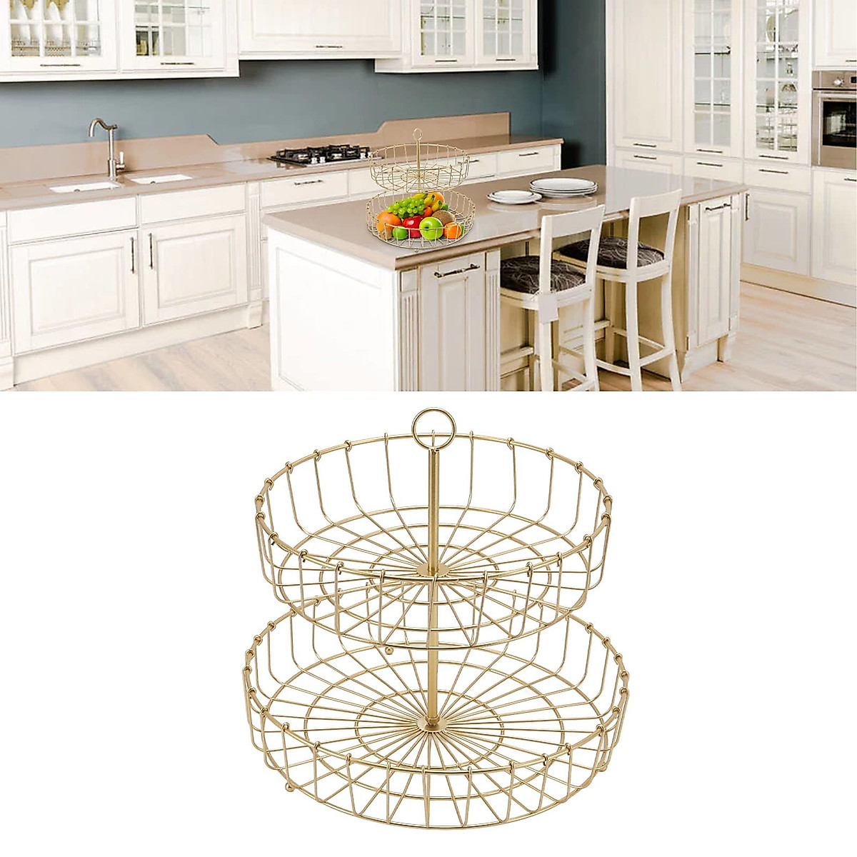 2 Tier Fruit Basket, Vegetables Fruit Bowl Storage Golden Household Snack Storage Tray Stand Organizer for Kitchen Countertop Counter