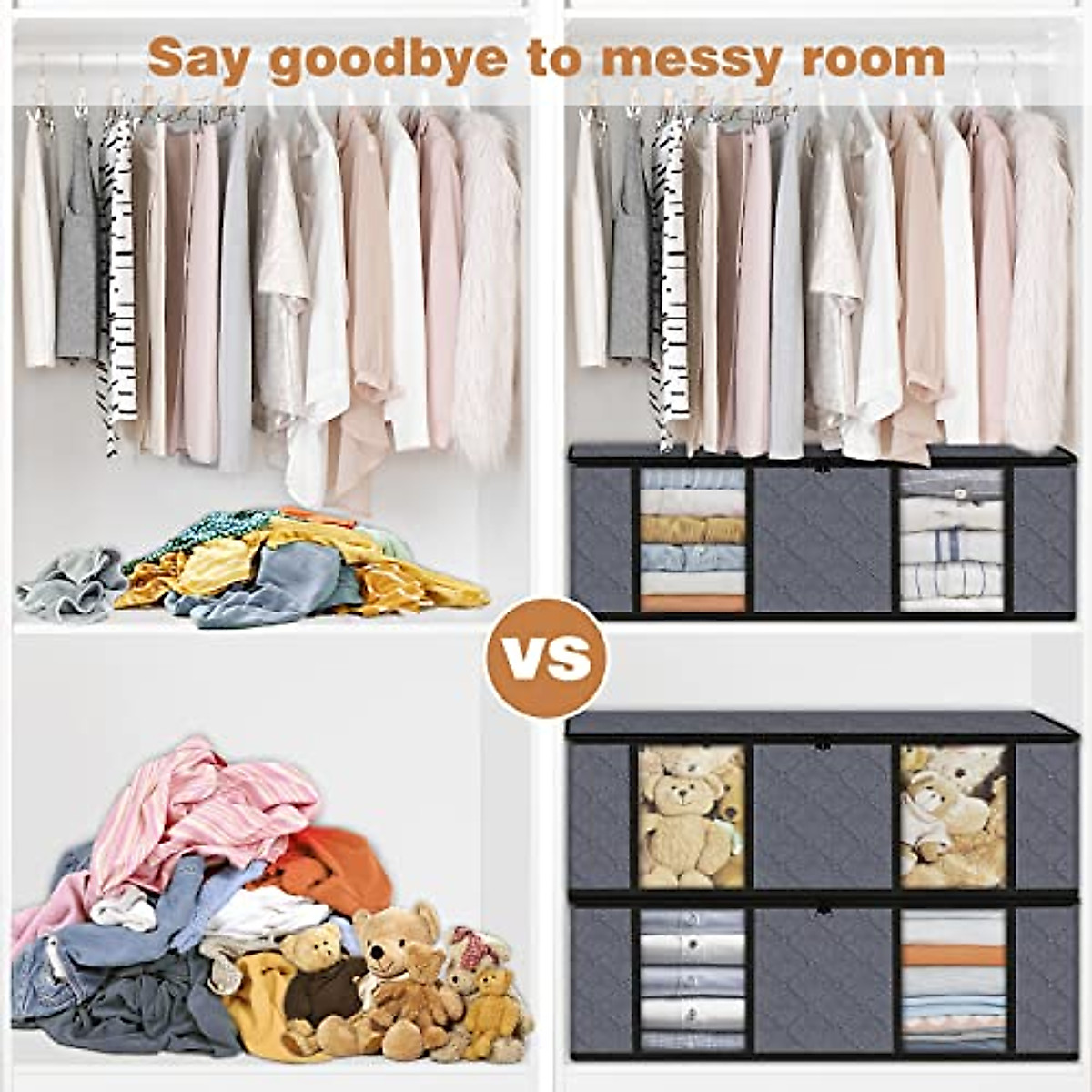 HomeHacks Storage Clothing Storage Bags, Storage Box Clothes Organizer with Clear Windows, Sturdy Handles Clothing Storage for Cloth, Toy, Bedding Storage, 3-Pack, Grey
