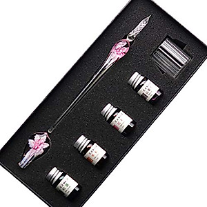 BUZHI Handmade Floral Glass Dip Pen Set,Signature Pen Glass Calligraphy Pen and 4 Colors Ink,1 Pen Holder,1 Washing Bottle,for School Stationery Gifts